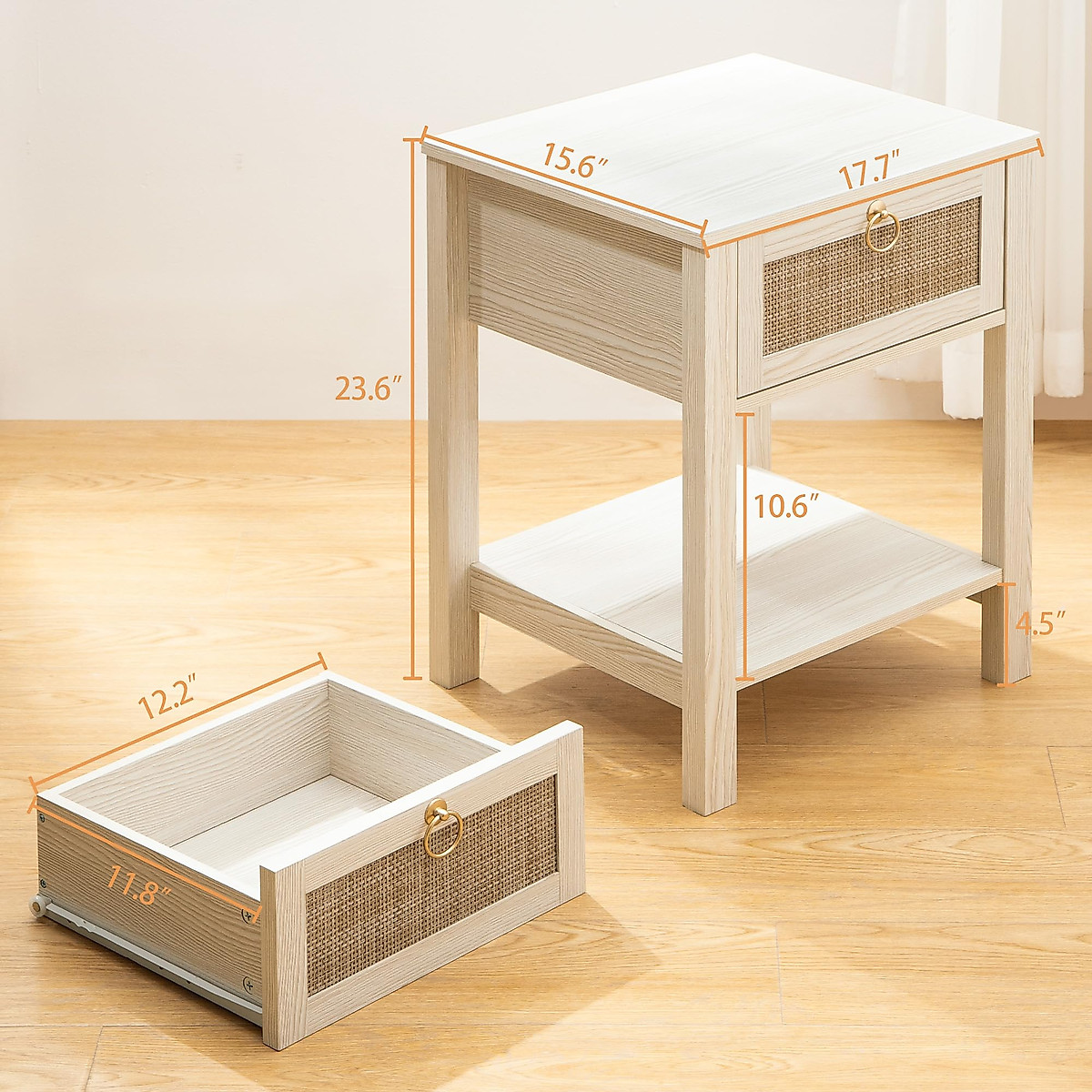 SICOTAS White Nightstand Set of 2,Rattan Decor Drawer with Brass Knobs Night Stand Wood Bedside Table Boho End Tables Side Tables with Storage Shelf