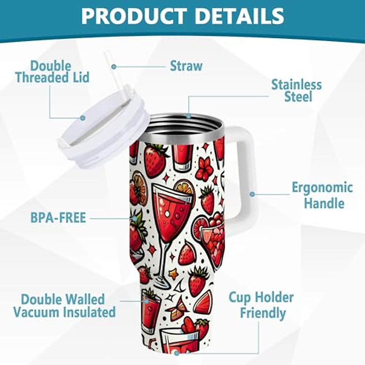 Jihqo Stropical Strawberry Cocktails 40 oz Stainless Steel Vacuum Insulated Tumbler with Handle and Straw Lid, Leakproof Water Bottle Double Wall Travel Mug Coffee Cup, Cupholder Friendly