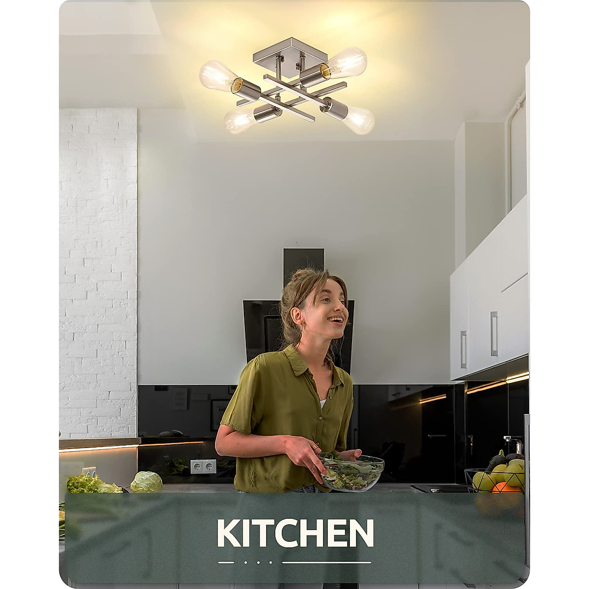 Eietonte Industrial 4-Light Semi Flush Mount Ceiling Light Fixture, Modern Brushed Nickel Chandelier Lighting, Farmhouse E26 Base Sputnik Ceiling Lamp for Kitchen Bedroom Living Room Hallway