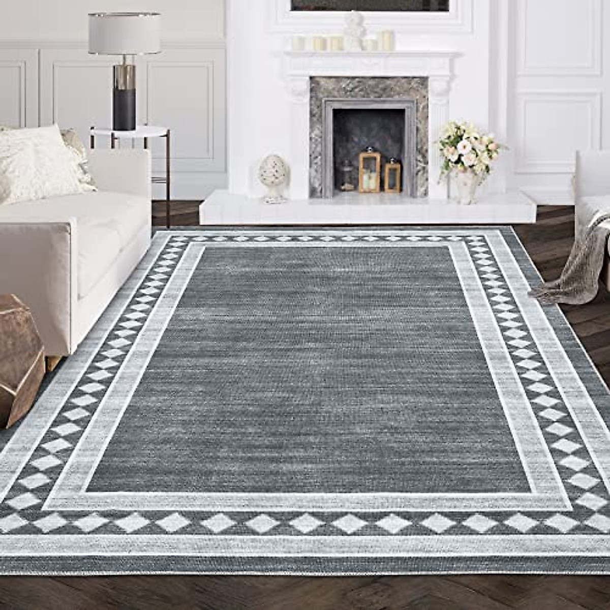 RUGSREAL Large Area Rug 8x10 Solid Rug Grey Bordered Rug Modern Geometric Boho Rug, Anti-Slip Backing Rugs for Living Room, Foldable Machine Washable Area Rug(8'x10', Grey)