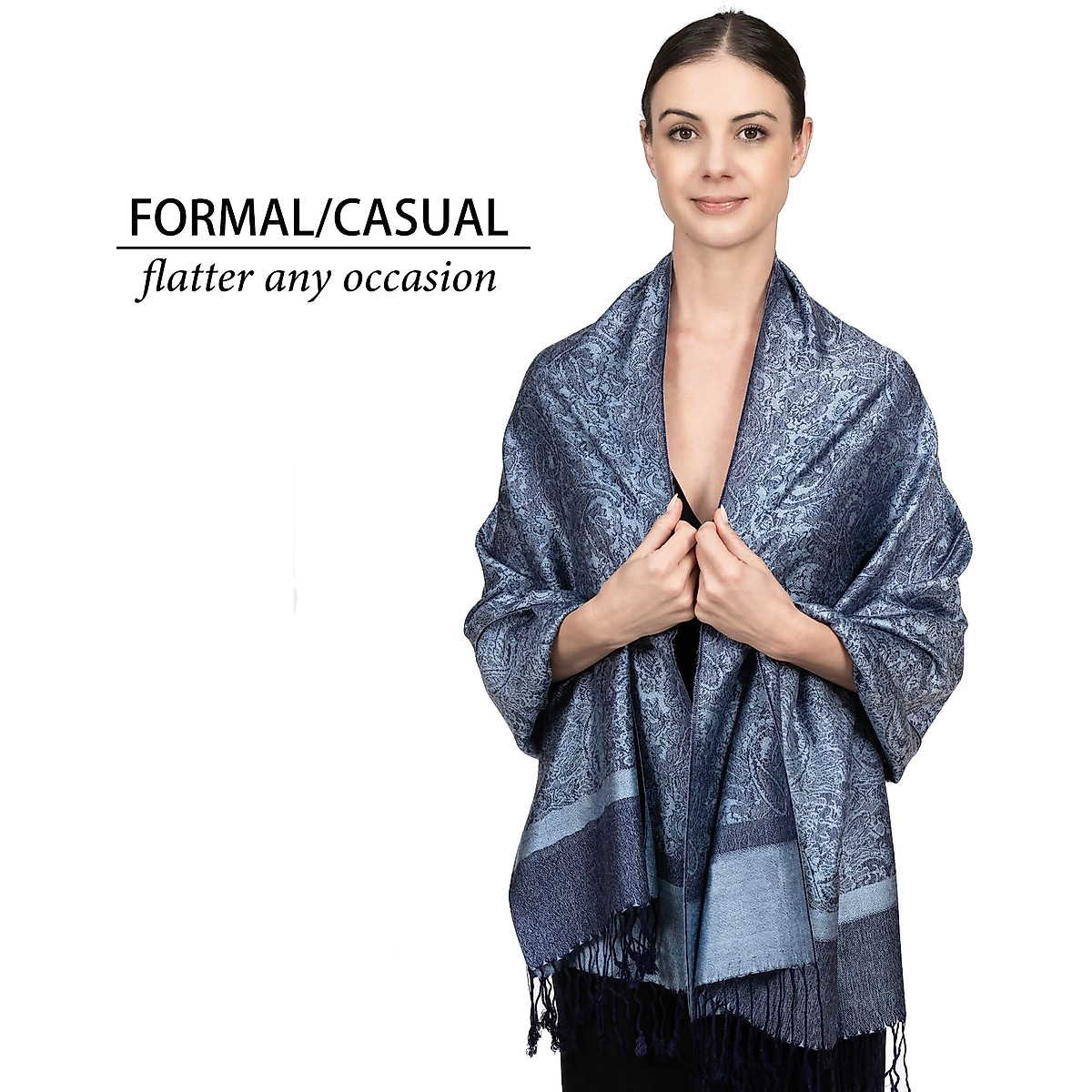 Achillea Two Tone Vintage Jacquard Paisley Pashmina Shawl Wrap Scarf (Steel Blue)