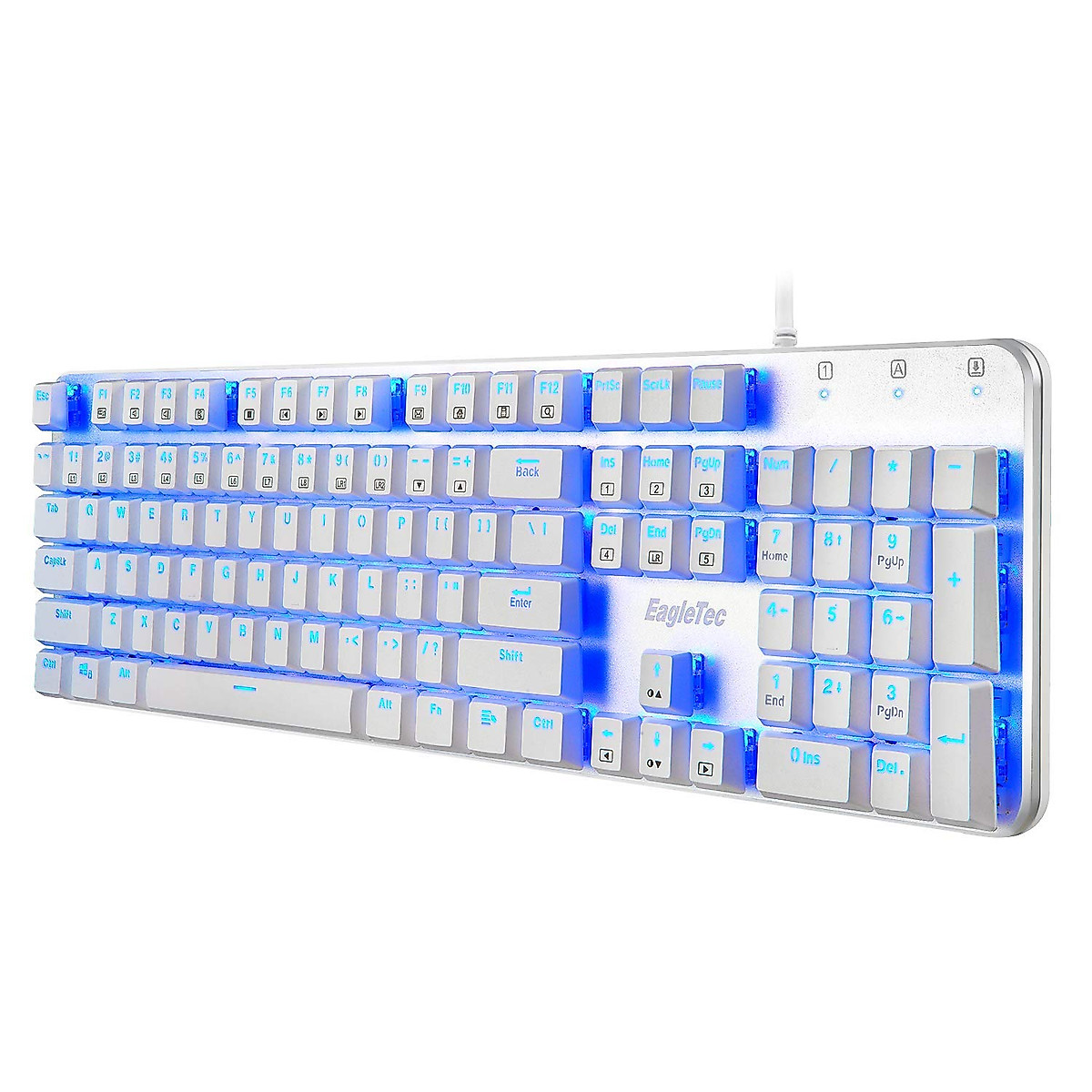 EagleTec KG051-BR BLUE LED Backlit Mechanical Gaming Keyboard Low Profile Mechanical Gamers Keyboard 104 Key Mechanical Computer USB Gaming Keyboard for PC (WHITE VERSION)