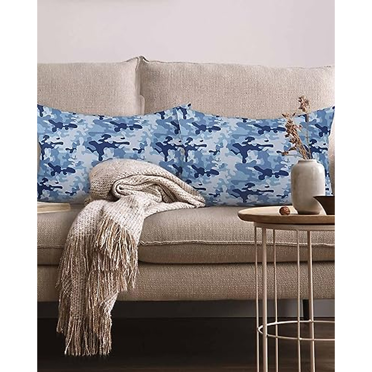Throw Pillow Covers Set of 2, Lumbar Pillow Case Blue Camouflage Cotton Linen Rectangular Cushion Case Pillowcase for Couch Sofa Living Room Bedroom Decorative, 12 x 20 Inches