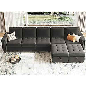 Belffin Large Velvet L Shaped Sectional Sofa Couch with Reversible Double Chaises Modular Sectional Sofa Couch with Storage Ottomans Convertible Sectional Sofa Grey
