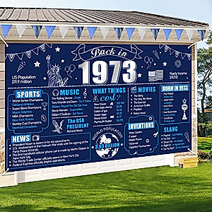 Large Blue Silver 50th Birthday Banner Backdrop Decoration for Men, Navy Blue 50th Birthday Back in 1973 Birthday Banner Party Supplies, Happy 50 Years Old Birthday Photo Background for Indoor Outdoor
