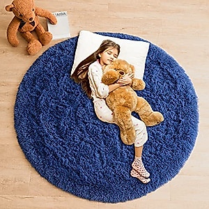 Goideal Soft Round Shaggy Rug, 4 x 4 Feet Light Navy Fluffy Circle Rug for Boys Girls, Fuzzy Cute Bedroom Rug, Circle Plush Floor Carpet for Nursery Room Decor