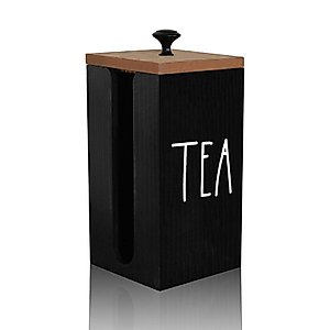 Tea Bag Holder, Farmhouse Tea Caddy, Wood Tea Bag Storage Organizer, Tea Containers with Lid, Tea Bag Dispenser, Tea Canister, Tea Accessories, Great for Tea Bars and Tea Gifts (Black)