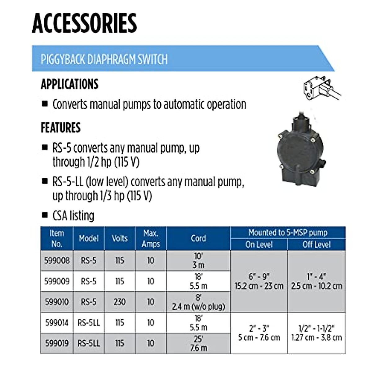 Little Giant RS-5 115-Volt Piggyback Diaphragm Pump-down Switch for Sump or Utility Pumps, 10-Ft. Cord, Black, 599008