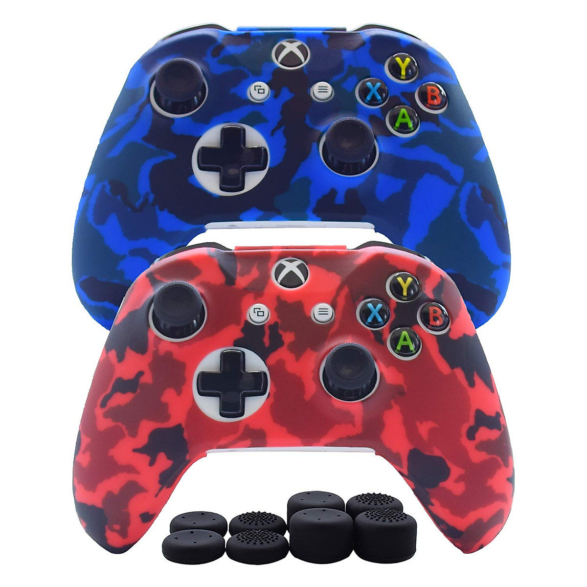 Hikfly Silicone Gel Controller Cover Skin Protector Kits for Xbox One/Xbox One S/Xbox One X Controller Video Games(2x Controller Camouflage cover with 8 x Thumb Grip Caps)(Blue,Red)