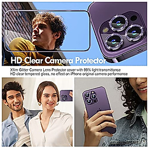 Xfilm Camera Lens Protector for iPhone 14 Pro/iPhone 14 Pro Max, Bling Glitter 9H Hardness Drop-Proof Metal Individual Ring Protector, Strong Adsorption, Case Friendly (Deep Purple Glitter)