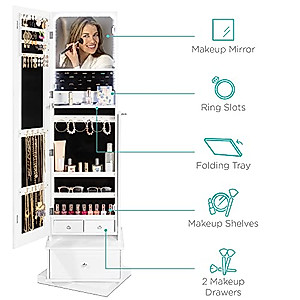 Best Choice Products 360 Swivel Mirrored Jewelry Cabinet, Full Length Armoire, LED-Lit Makeup Storage Organizer w/Internal Lights, Mirror, 3 Storage Shelves, 3 Drawers - White