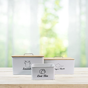 Gdfjiy 3-in-1 Set for Laundry Room Organization, Laundry Powder Container Dryer Sheet Holder & Lint Bin, Dryer Sheet Dispenser Metal Laundry Pods Holder Airtight Lid, Laundry Room Decor - White