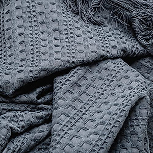100% Cotton Waffle Blanket with Fringe, Pre-Washed Waffle Weave Blanket for All Season, Lightweight Breathable Soft Cozy Throw Blanket for Couch, Bed, Travel (Blue - 50x60 Inches)