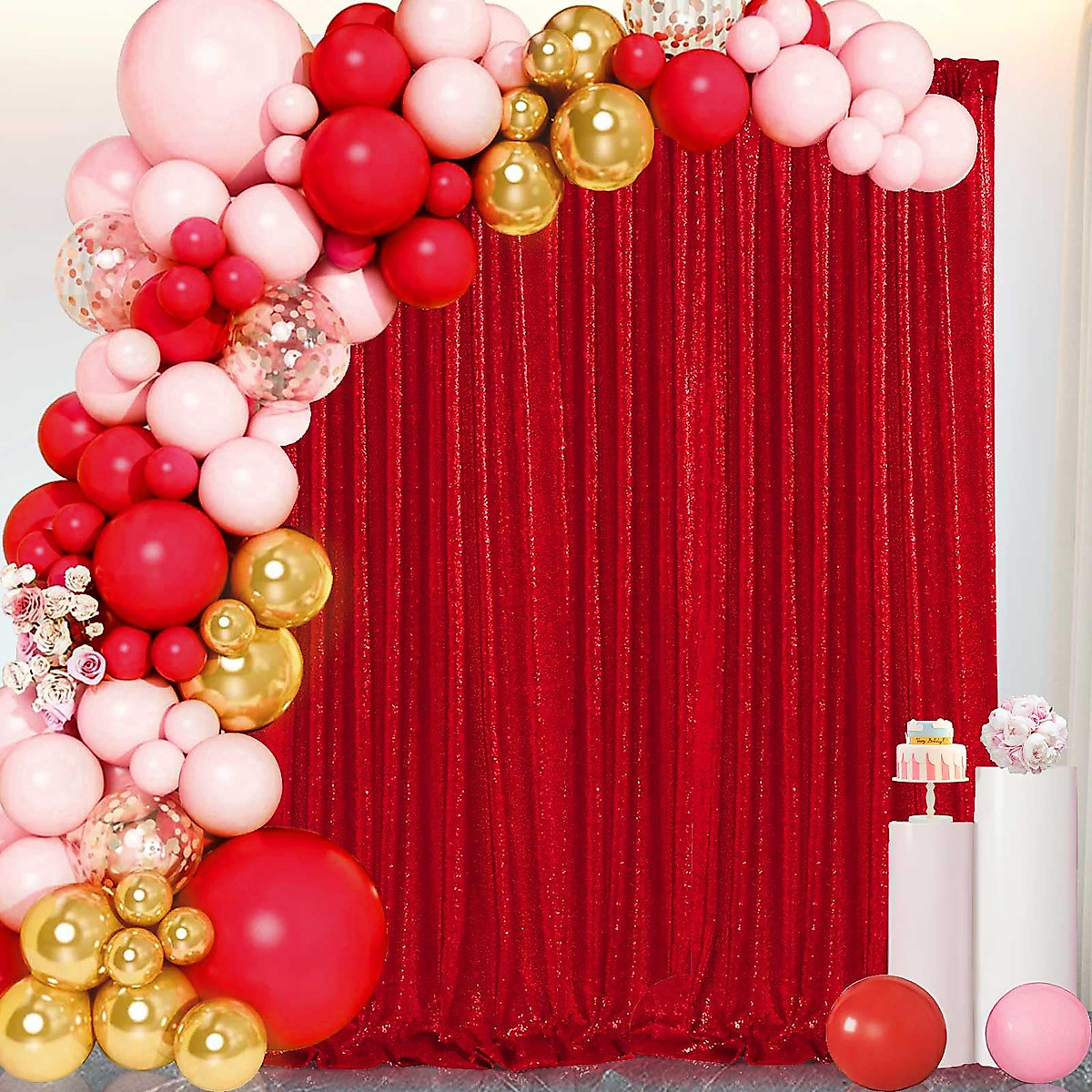 B-COOL 4 Panels 2ftx8ft Red Backdrop Sequin Backdrop Curtain Drapes Fabric for Wedding Holiday Spring Party Photography Decoration
