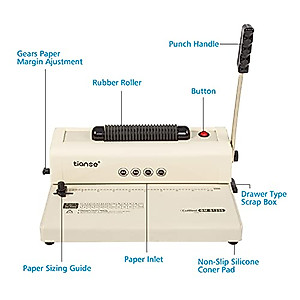 TIANSE Binding Machine, Spiral Coil Binder Machine, Electric Coil Inserter, 15 Sheets Punch Capacity, Suit for Letter Size / A4 / A5 Book Maker, with 100pcs 5/16'' Plastic Coil Binding Spines & Plier