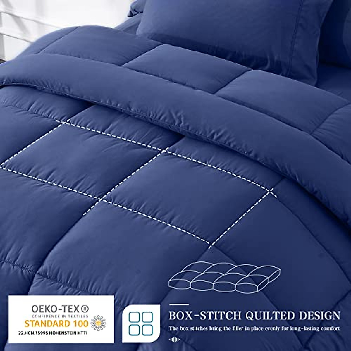 Newspin Full Bed in a Bag - 7 Pieces Blue Comforter Set, Lightweight All Season Ultra Soft Bedding Comforter Set with Comforter, Flat Sheet, Fitted Sheet, Pillowcases & Shams