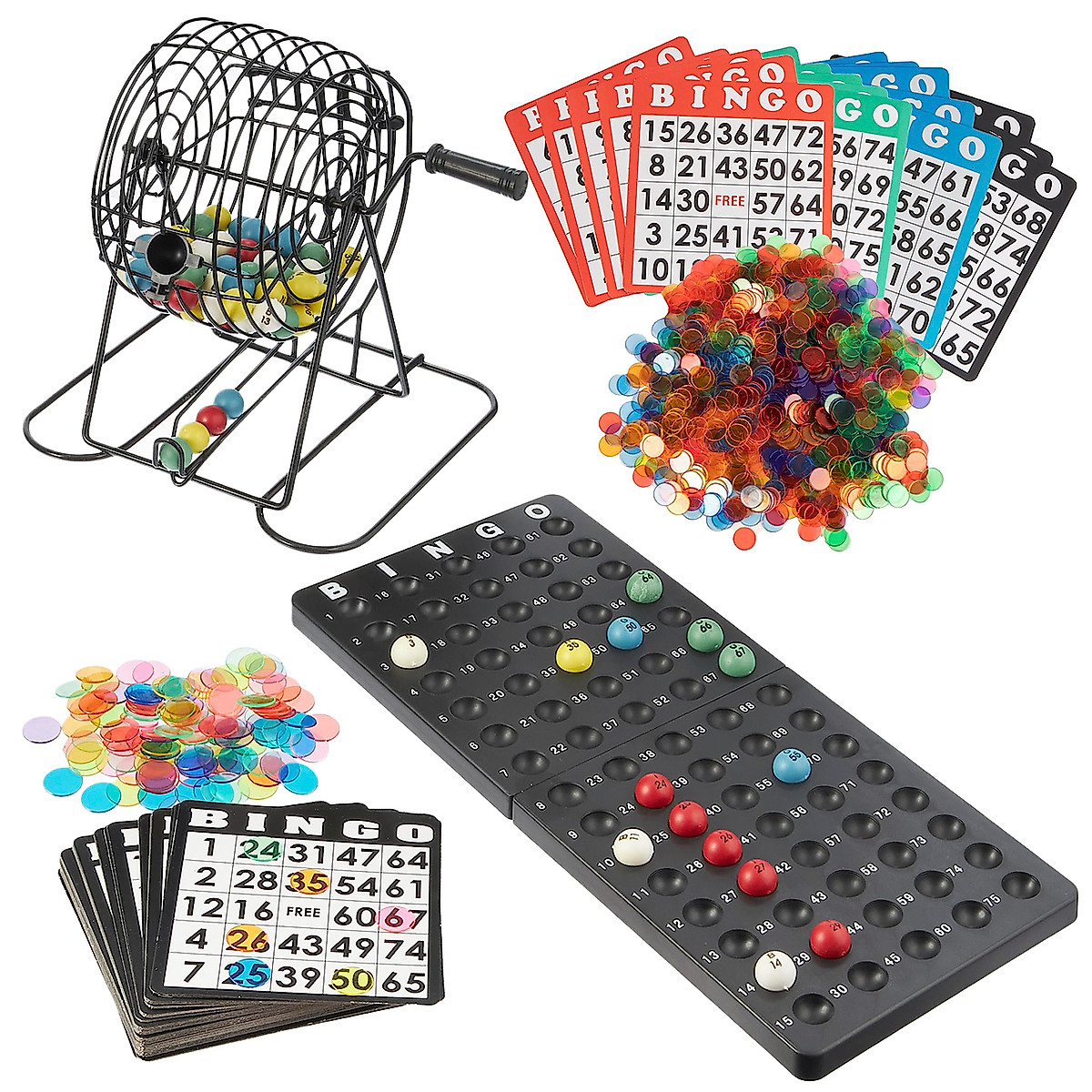 Deluxe Bingo Set with Extra Cards and Chips - Bingo Set with Game Chips, Cards, Roller Cage, Master Board, Color Balls - Classic Fun and Party Games for Seniors, Family and Kids