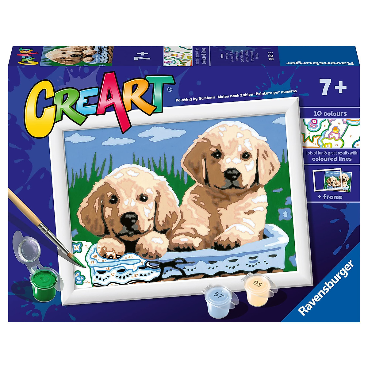 Ravensburger CreArt Cute Puppies Paint by Numbers Kit for Kids - Engaging Art Craft Set | Canvas & Acrylic Paints | Ideal for Developing Art Skills | Suitable for Ages 7+, 24 x 18 cm