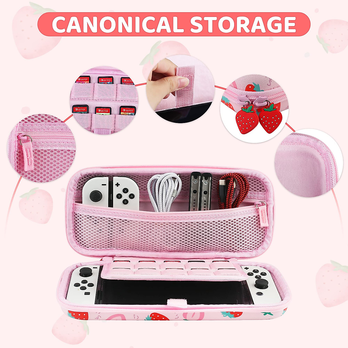 FANPL Carrying Case for Nintendo Switch & Switch OLED, Pink Cute Strawberry Travel Hard Protectiv Case for Switch with Adjustable Shoulder Strap, Game Case, Thumb Grips - Super soft plush lining