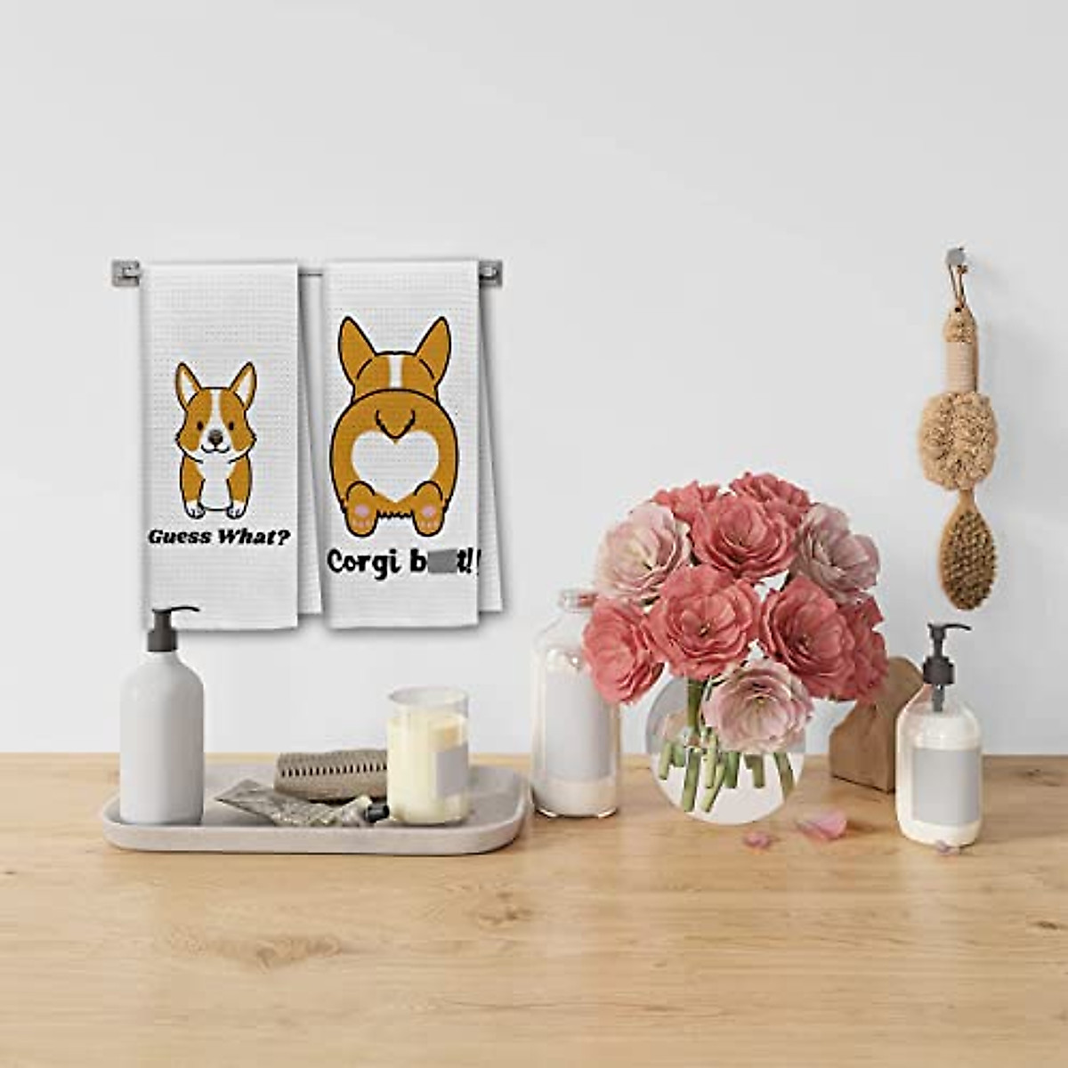 Dibor Guess What Corgi Kitchen Towels Dish Towels Dishcloth,Cute Corgi Decorative Absorbent Drying Cloth Hand Towels Tea Towels for Bathroom Kitchen,Dog Lovers Girls Women Gift(Set of 2)