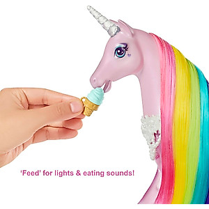 Barbie Dreamtopia Magical Lights Unicorn with Rainbow Mane, Lights and Sounds, Princess Doll with Pink Hair and Food Accessory, Gift for 3 to 7 Year Olds, Multi, Única