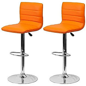 Modern Barstools Horizontal Line Design Hydraulic Adjustable Height 360-Degree Swivel Seat Sturdy Steel Frame Chrome Base Dining Chair Bar Pub Stool Home Office Furniture - Set of 2 Orange #1980