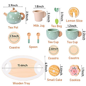 15pcs Wooden Tea Set for Little Girls, MONT PLEASANT Wooden Toys, Toddler Tea Set Play Kitchen Accessories Play Food playset for Kids Tea Party