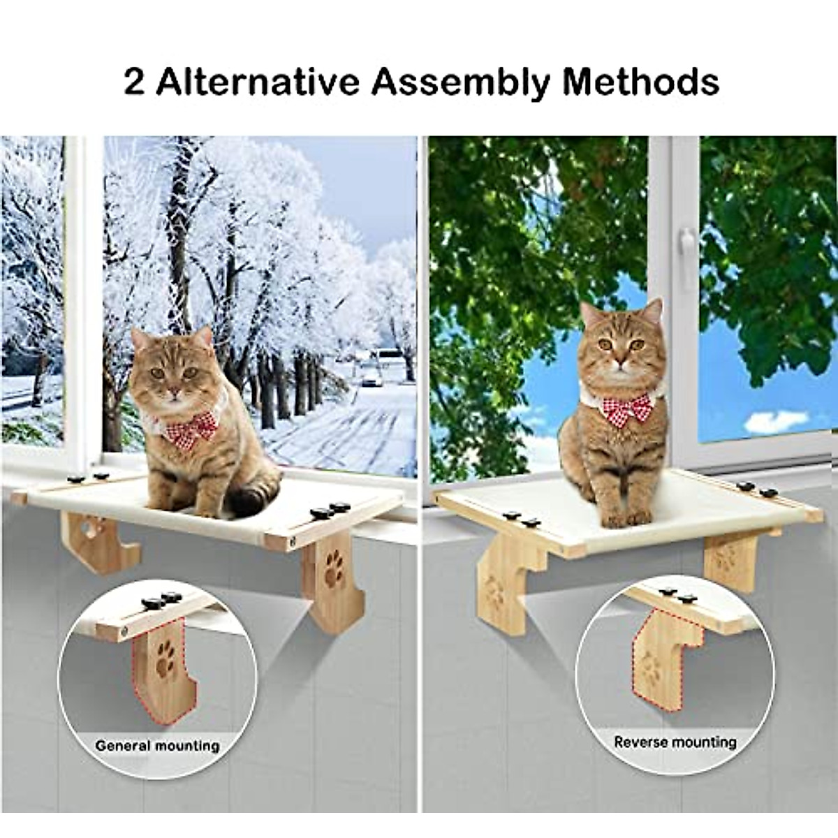 Doemtio Cat Window Perch Sturdy Solid Wood Cat Window Hommock for Large Cats Indoor Easy to Adjust Cat Window Bed Seat Shelf for Windowsill Bedside Cabinet and Drawer