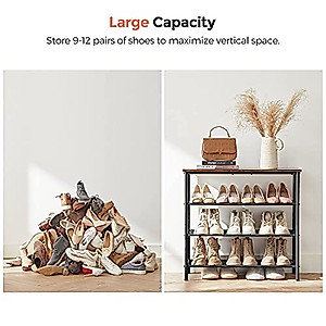 VASAGLE Shoe Rack, 4 Tier Shoe Storage Rack for 9-12 Pairs of Shoes, Shoe Organizer for Entryway, with 3 Fabric Shelves and Wooden Top, Steel Frame, Industrial, Rustic Brown and Black ULBS035B01