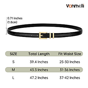 VONMELLI Leather Thin Belts for Women 2 Pack Women's Skinny Belt Ladies Belts for Jeans Dress with Bright Gold Buckle Black Brown S