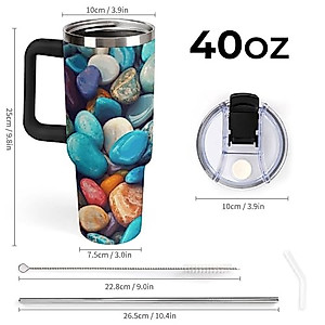 LLUTSNTH 40 Oz Vacuum Tumbler with Black Handle Leakproof Insulated Tumbler Colored Stones Stainless Steel Travel Mug with Lid And Straw Coffee Cup Cute Water Bottles Cup Holder Friendly