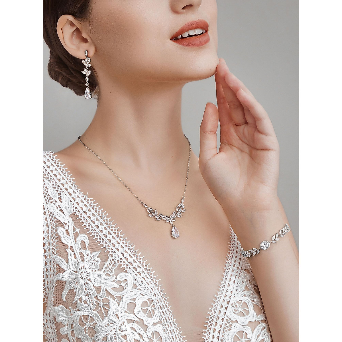 SWEETV Bridal Jewelry Set for Wedding, Cubic Zirconia Necklace Dangle Earrings Bracelet Set, Teardrop Marquise Brides Bridesmaids Wedding Prom Jewelry Sets for Women