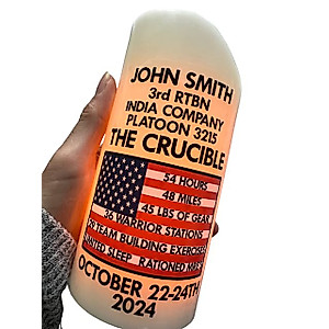 Ships Fast from Texas! Personalized Crucible Smooth Wax LED Flameless Flickering Prayer Candle with Name, Battalion, Company, and Platoon.