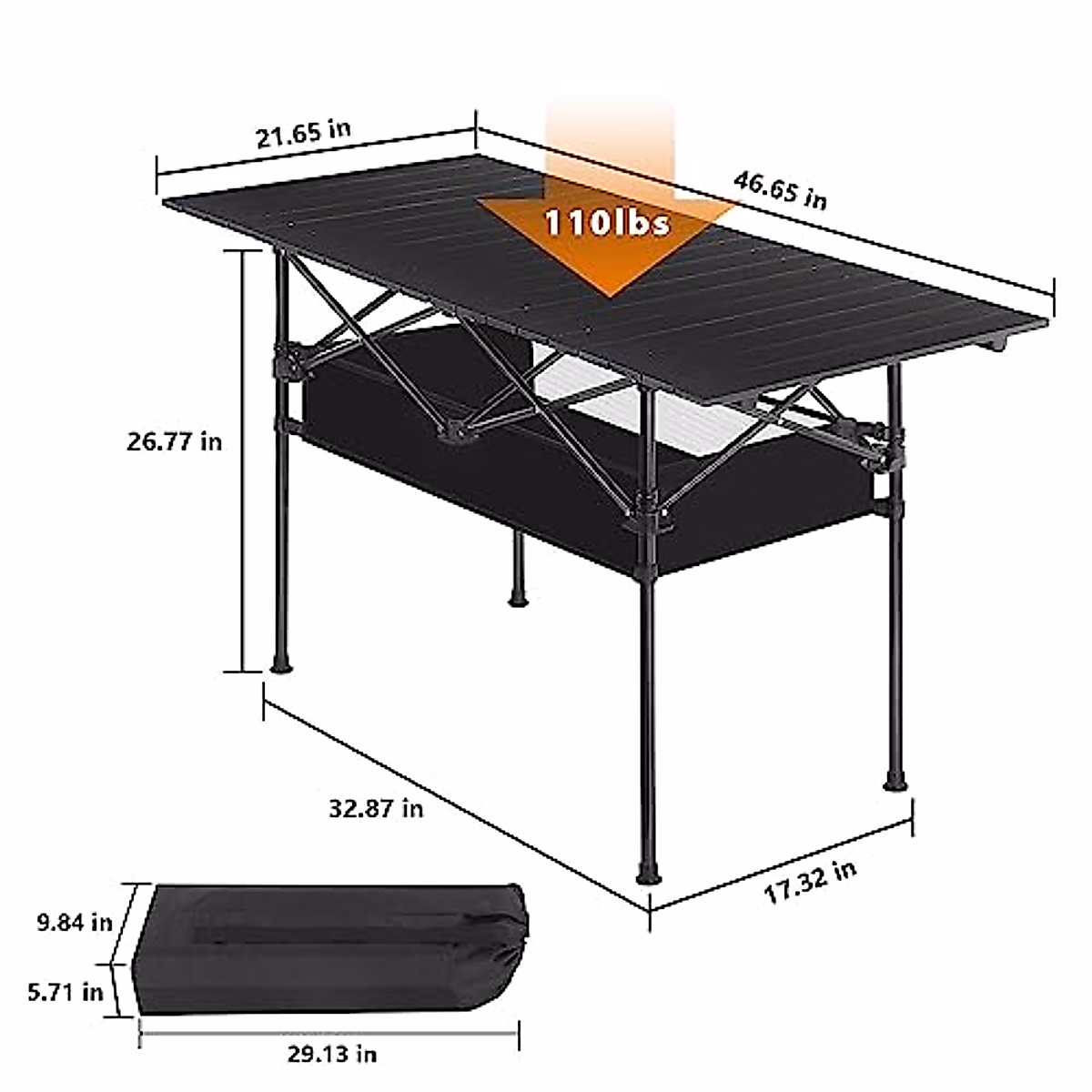 Folding Camping Table Folding Outdoor Table, 46.6 * 21.65 * 26.77in Picnic Table, Portable Camping Table, Aluminum Roll-Up Top, Camp Table with Easy Carry Bag for Outdoor Travel Backyards BBQ(Black)