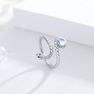 AOVEAO Snake Rings 925 Sterling Silver Opening Wrap Adjustable Size Rainbow Moonstone Ring Spoon Serpent Ring for Snake Lover Goth Cool Dainty Jewelry for Women