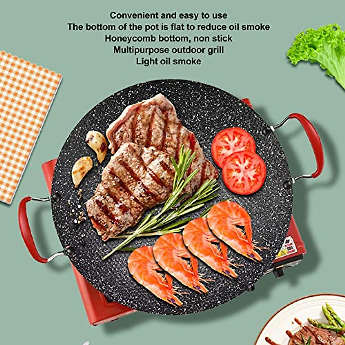 Korean BBQ Grill Pan, Non Stick with Anti Scalding Handle Round Barbecue Gill Plate for Gas Ceramic Stove(30cm)