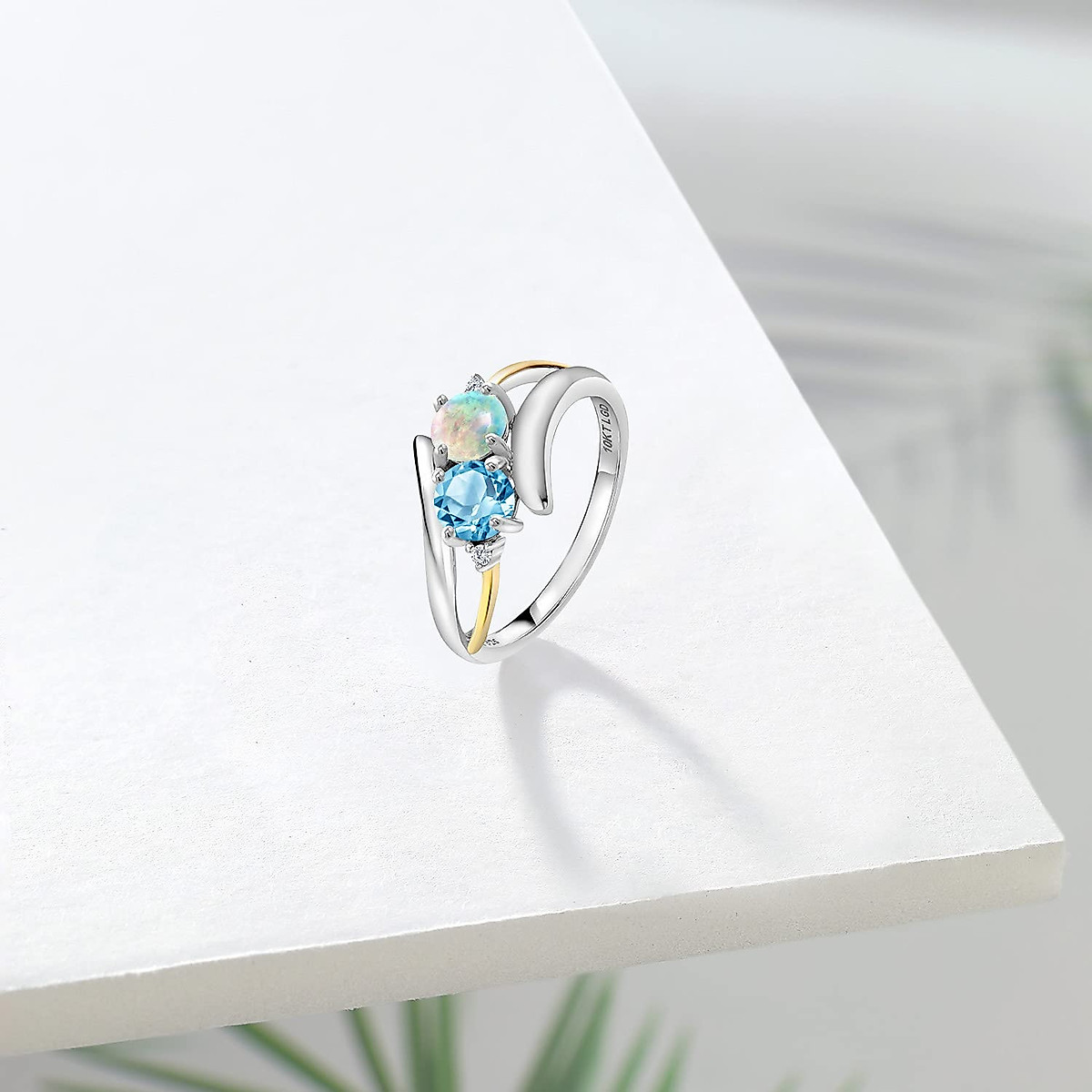 925 Sterling Silver and 10K Yellow Gold Round Cabochon White Simulated Opal Swiss Blue Topaz and Lab Grown Diamond Women Ring (1.17 Cttw, Gemstone Birthstone, Available In Size 5, 6, 7, 8, 9)