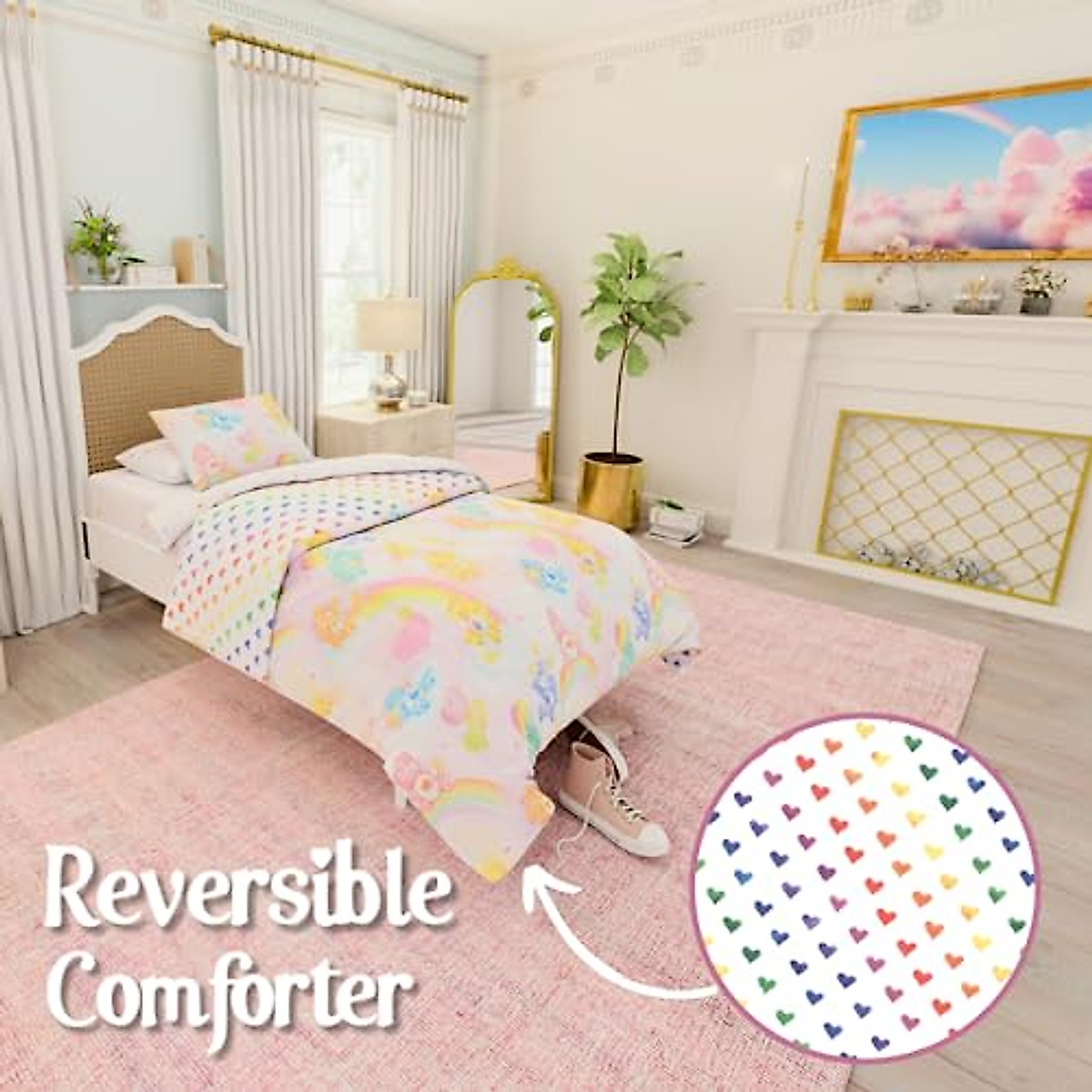 Franco Care Bears Classic Retro Rainbow Bedding 5 Piece Super Soft Comforter and Sheet Set with Sham, Twin, (100% Official Licensed Product) Collectibles