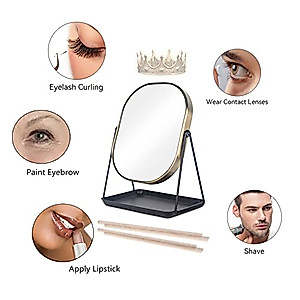 Nicesail Vanity Mirror with Tray Base- 1X/3X Magnification Double Sides, Brushed Antique Brass, Oval Cosmetic Mirror Tabletop