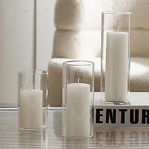 UDU Set of 12 Pillar Candles and 12 Hurricane Candle Holders, Slim Pillar Candle Holder for Pillar Candles, Cylinder Vases for Centerpieces Wedding Table Party Home Decor(2.6" X 4.7", 5.9", 7.9")