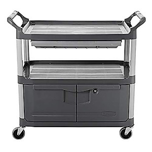 Rubbermaid Commercial Xtra Instrument and Rolling Utility Cart, Gray, with Drawer and Cabinet, for Service Restaurant Hospitality 300 lbs