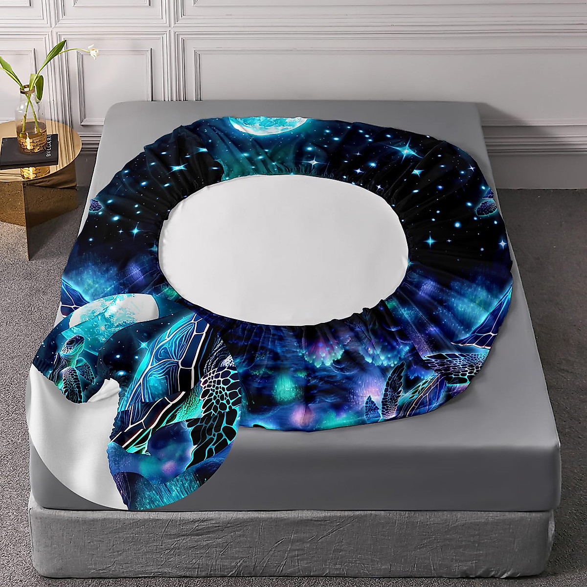 AILONEN Sea Turtle Fitted Sheet Set Twin XL Size, Ocean Bed Sheet Set Coral Jellyfish 3 Pieces Printed Sheet Set for Boys Girls,Evening Starry Moon Turtle Fitted Sheet with 2 Pillowcases