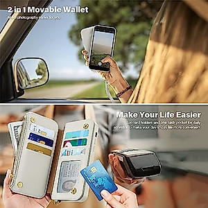 Antsturdy 2 in 1 Detachable for iPhone 13 Pro Wallet case with Magsafe,RFID Blocking Magnetic Wireless Charging PU Leather Phone case Flip Folio Cover Card Holder Wrist Strap Women Men,Beige