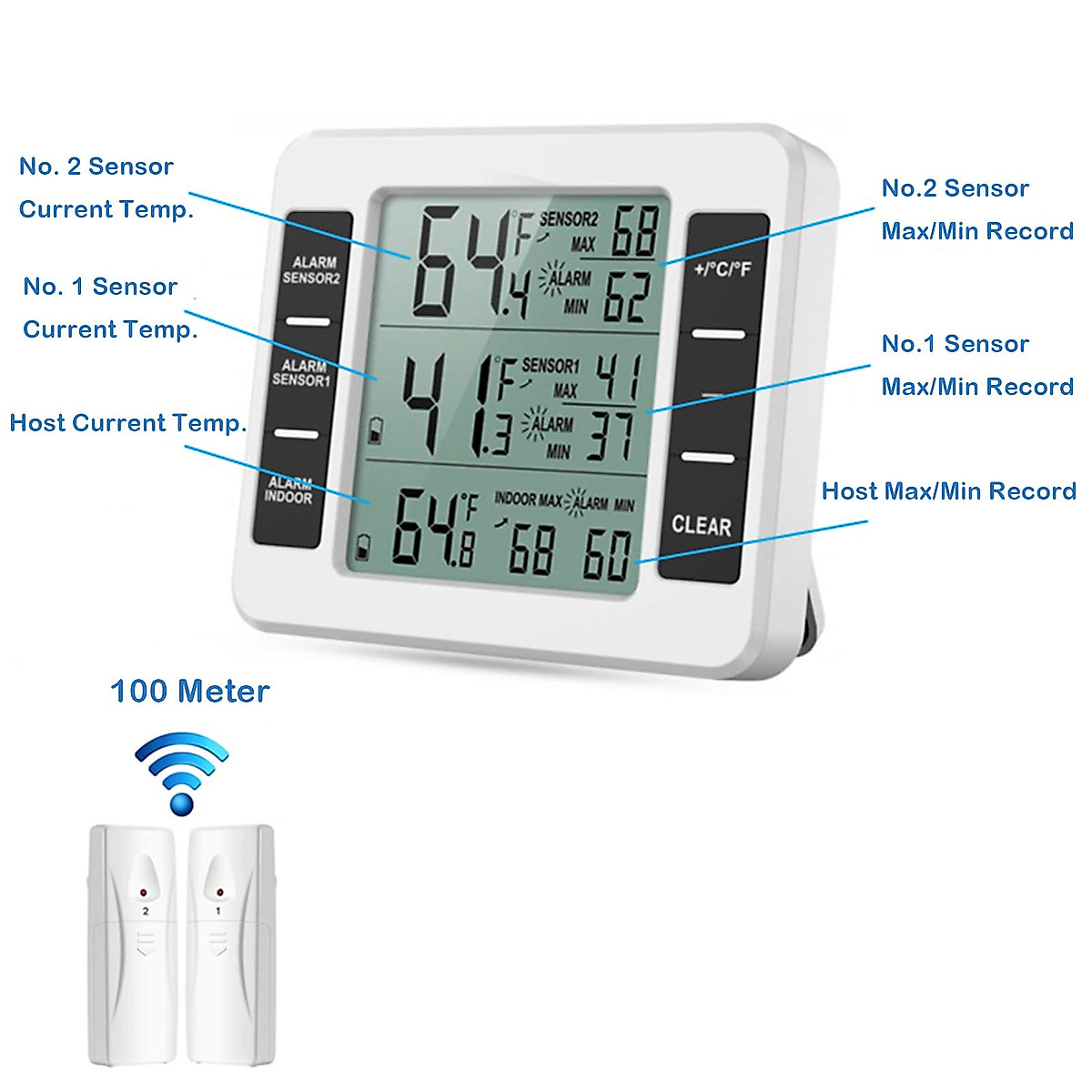 Refrigerator Thermometer, Wireless Digital Fridge Freezer Thermometer with Audible Alarm, Max/Min Temperature Display and 2 Sensors for Home Restaurants Kitchen
