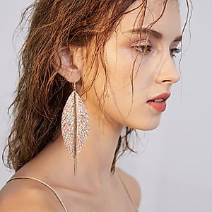 JIUIQL Unique Handmade Fashion Large Leopard Soft Leather Fringe Feather Dangle Drop Color Earrings Lightweight Faux Leather Sparkly Shine Glitter Leaf Earring for Women Statement Jewelry Gifts (Pink)