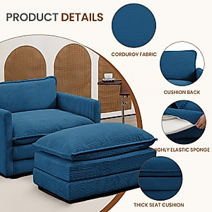 ROWHY Single Armchair with Ottoman, Modern Corduroy Cloud Couch with Convertible Chaise, Upholstered Sofa Set for Living Room and Office, Blue