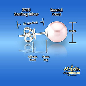 Genuine Fine European Crystal 8mm Round Simulated Pearl S925 Solid Sterling Silver Stud Earrings For Women (Crystal Pink)