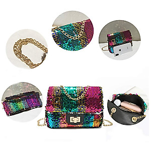 Sequin Crossbody Purse Shoulder Bags Rainbow Stylish Handbag Reversible Pouch with Chains for Girls Womens