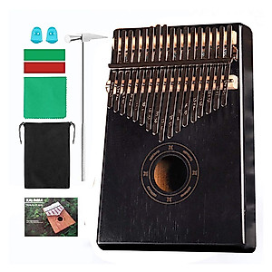 Kalimba 17 Keys Thumb Paino Made By Solid Mahogany with Study Instruction and Tune Hammer, Portable Mbira Sanza African Wood Finger Piano black