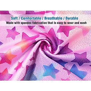 TENVDA 3 Pack Girls Leotards for Gymnastics Size 8 9 Years Old Sparkly Hot Pink Rainbow Star Tumbling Biketard with Shorts Unitard for Little Kids